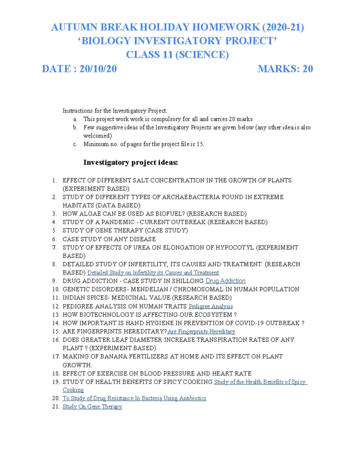 Class 11 Investigatory Project Ideas for Autumn Break Homework - Studocu