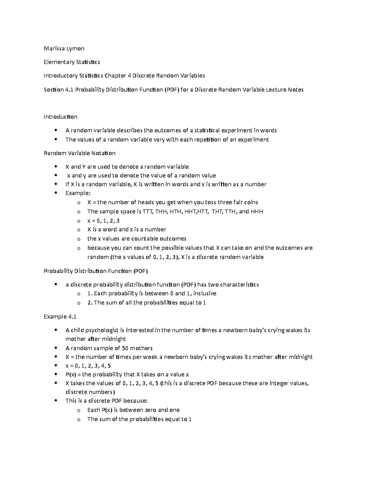 Section 4.1 Probability Distribution Function (PDF) for a Discrete ...