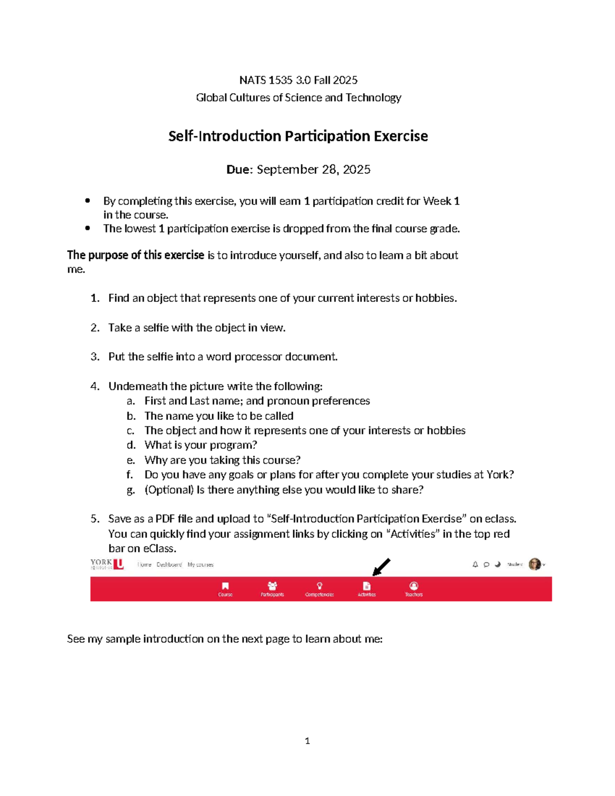 NATS 1535 3.0 Fall 2025 Self-Introduction Participation Exercise - Studocu