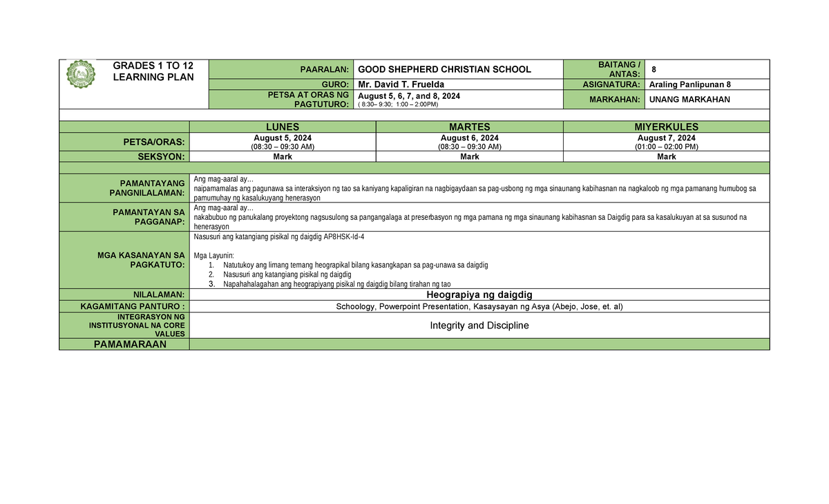 Lesson Plan for Grade 8 Araling Panlipunan Q1W1: Heograpiya ng Daigdig ...