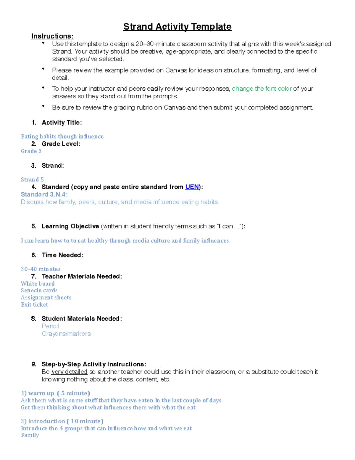 Strand 5 Activity Template: Eating Habits Influence for Grade 3 - Studocu