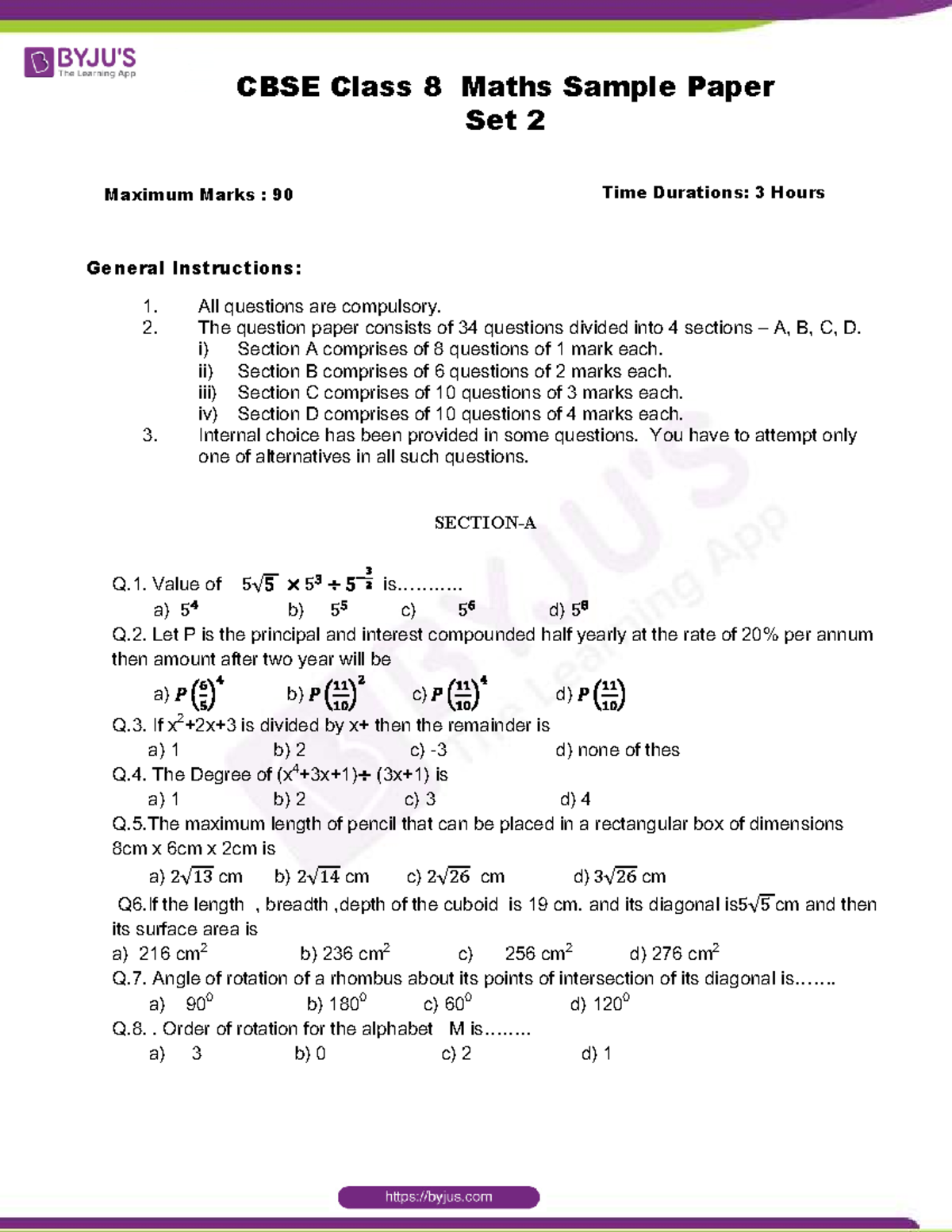 CBSE Class 8 Maths Sample Paper Set 2 - 3 Hours, Max Marks 90 - Studocu