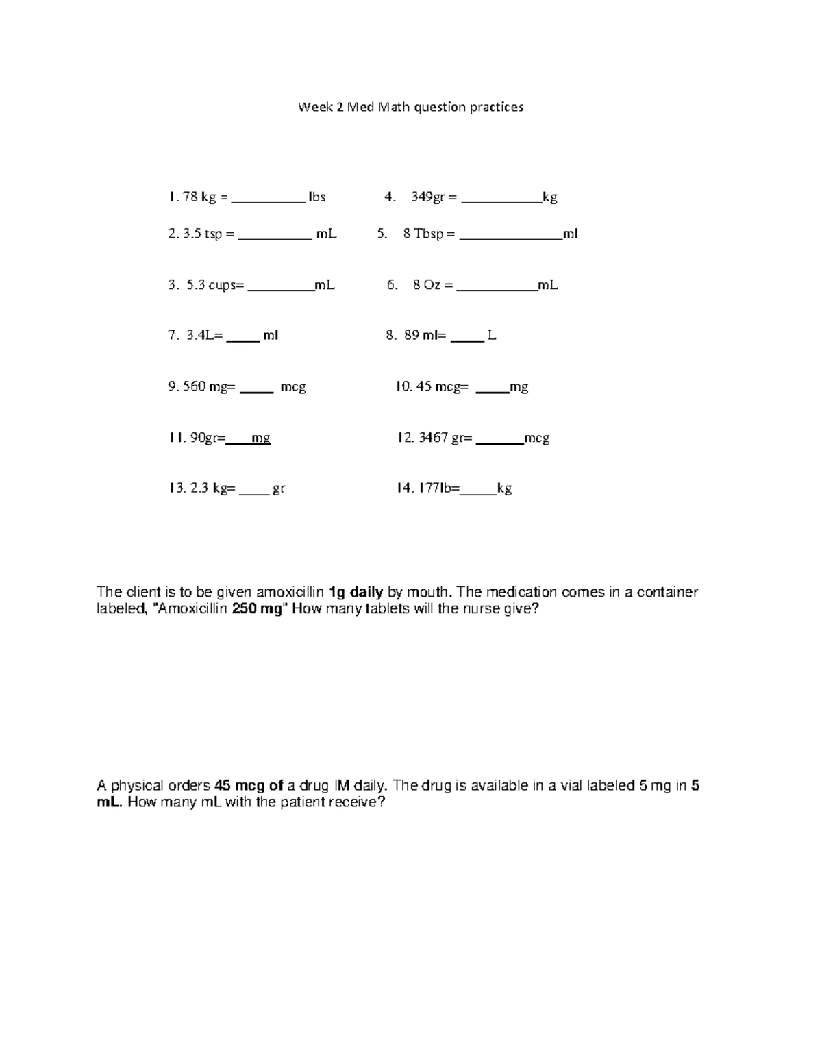 Week 1 Med Math Practice: Dosage Calculations and Conversions - Studocu