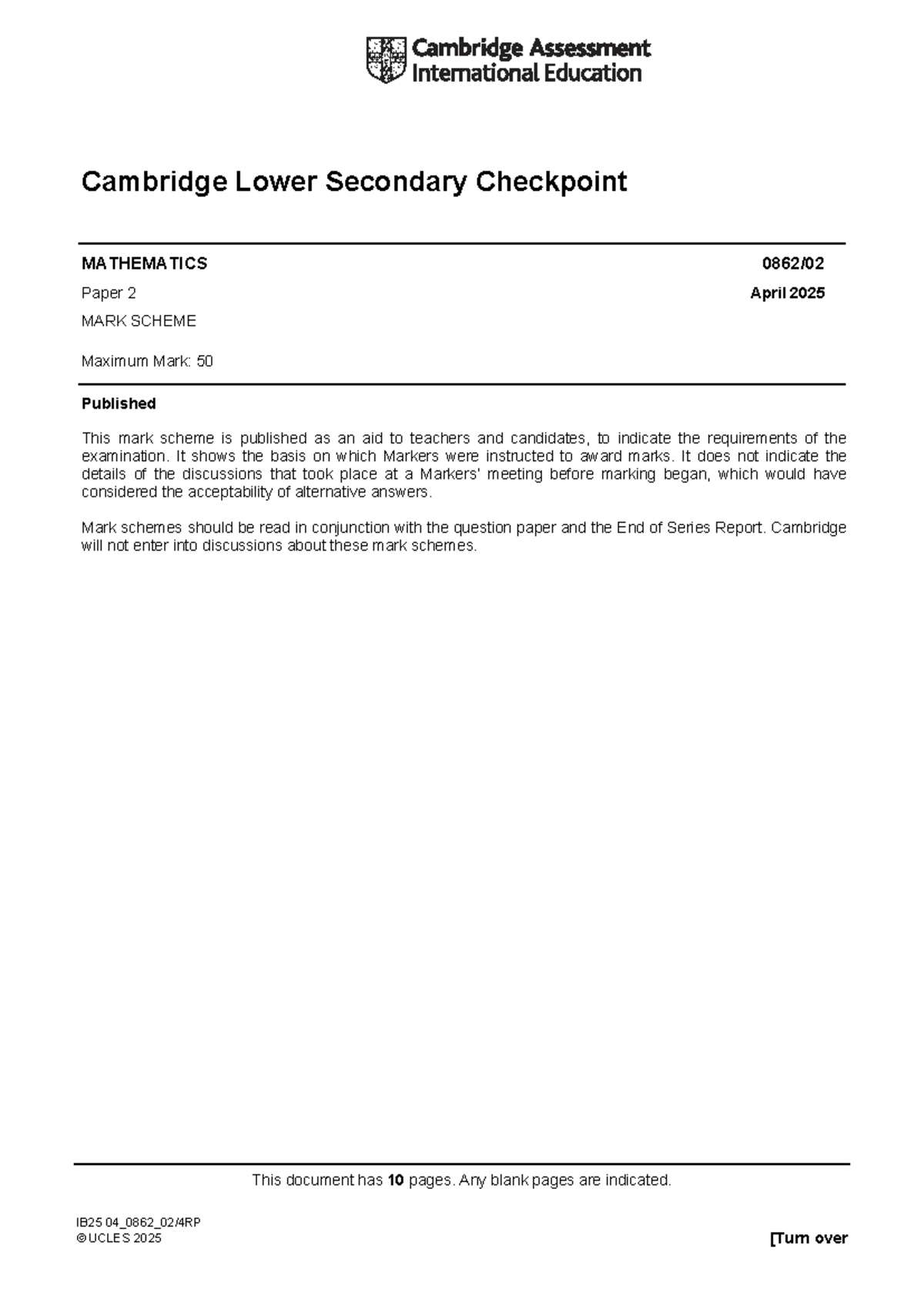 Cambridge Lower Secondary Checkpoint Mathematics Paper 2 Mark Scheme ...