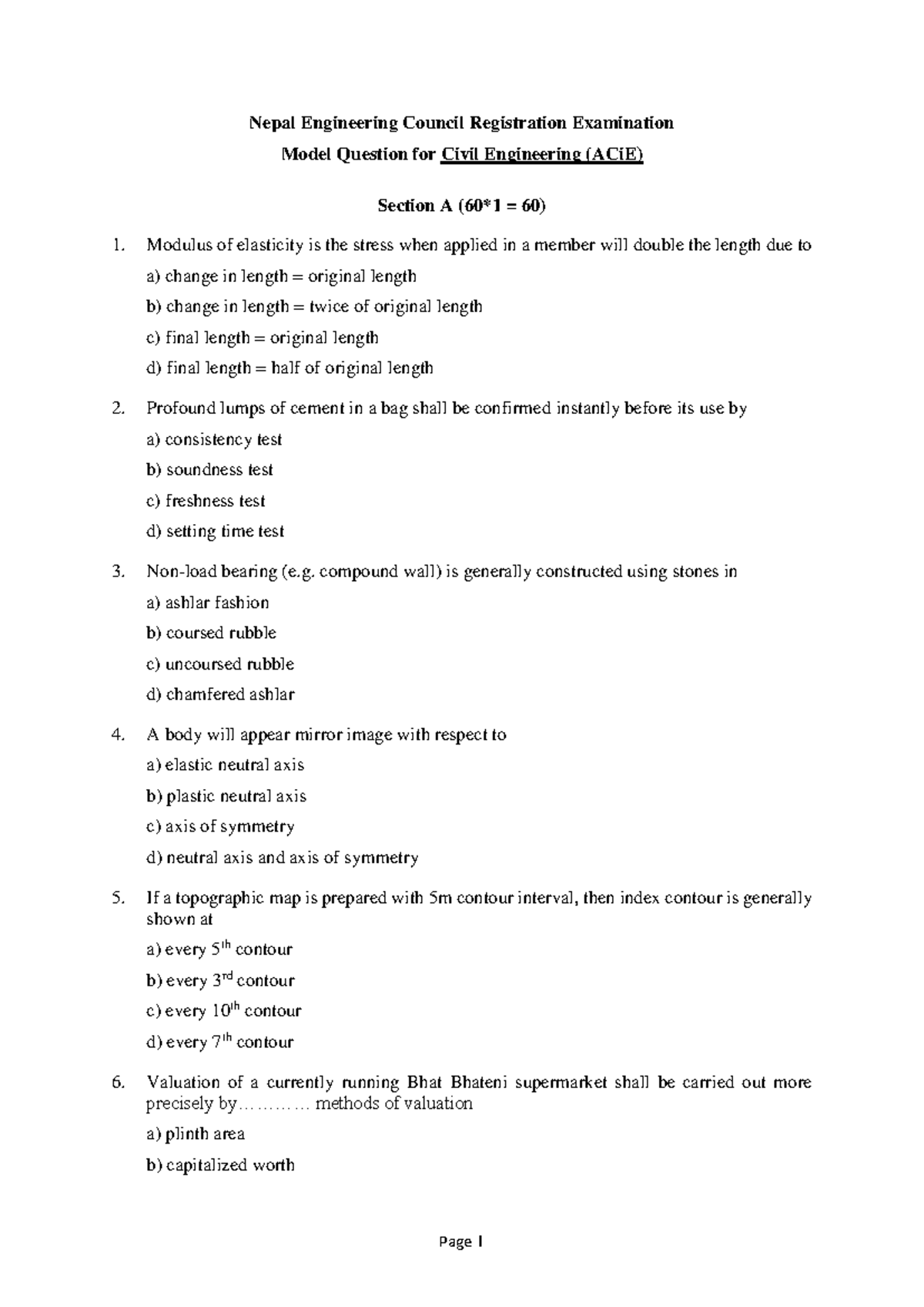 NEC Examination Model Questions for Civil Engineering (ACiE) - Studocu