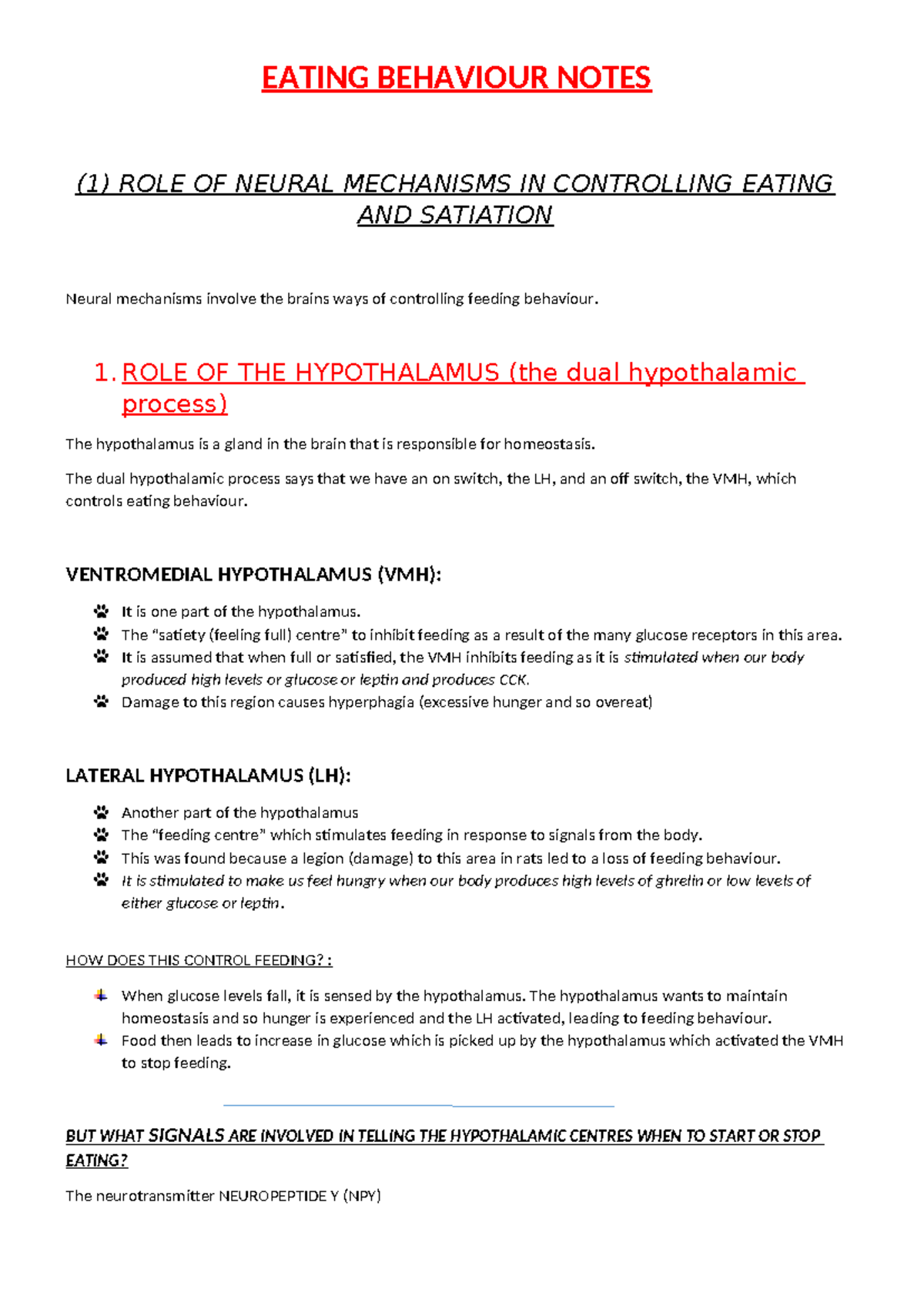 EATING BEHAVIOUR: NEURAL MECHANISMS & PREFERENCES (Psych 101) - Studocu
