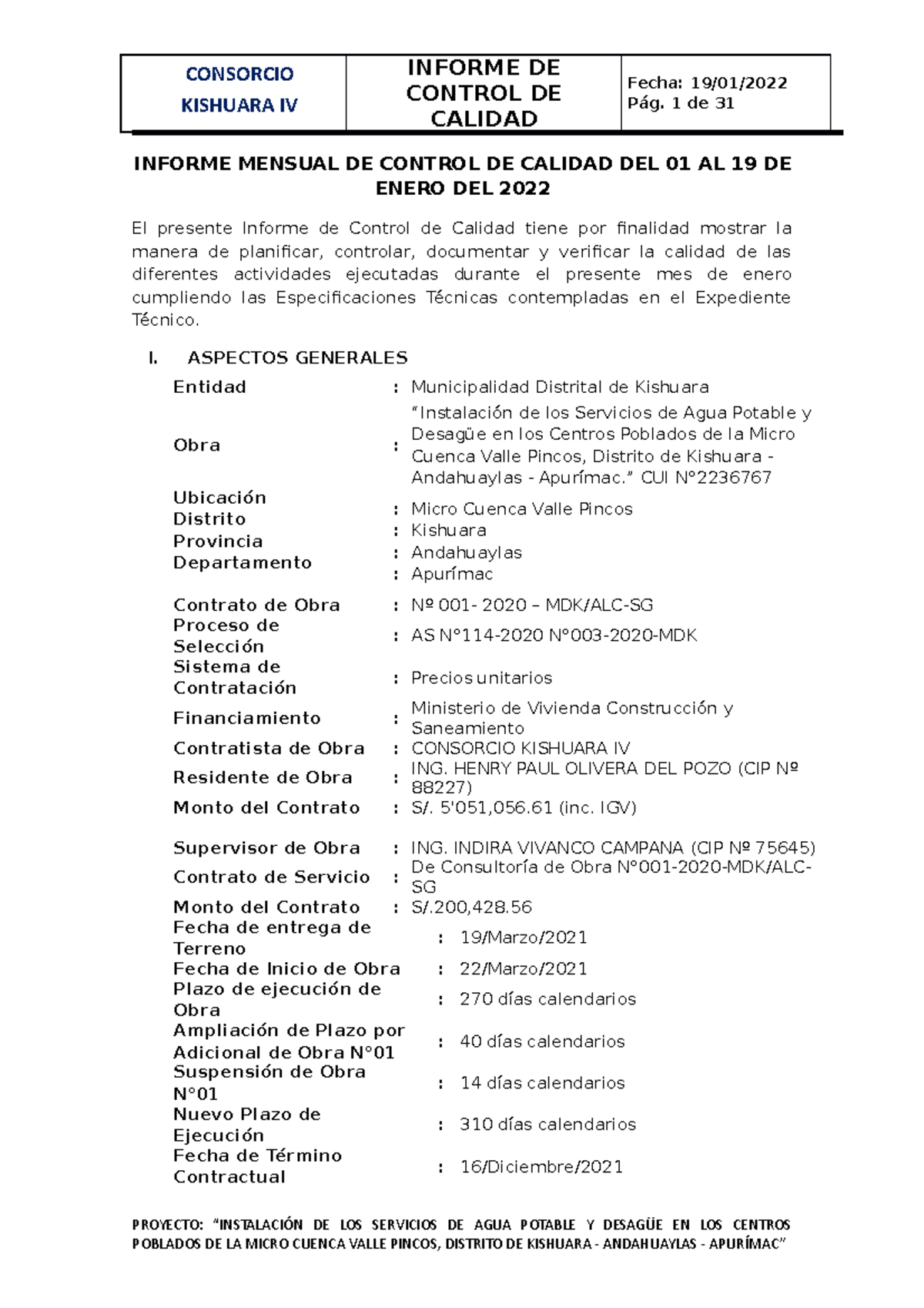 Informe Mensual de Control de Calidad Enero 2022 - CUI N° 001-2020 ...