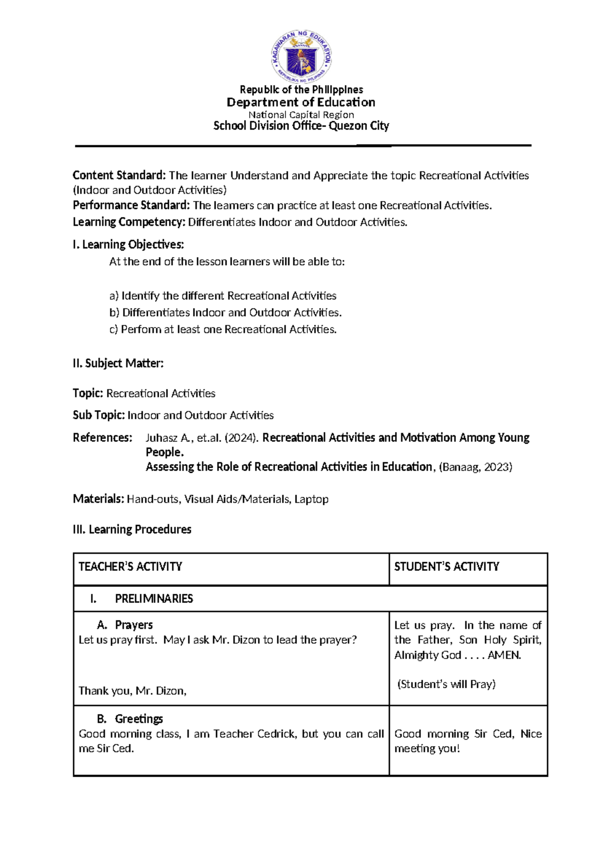 LP RQA - Lesson Plan on Indoor and Outdoor Recreational Activities ...