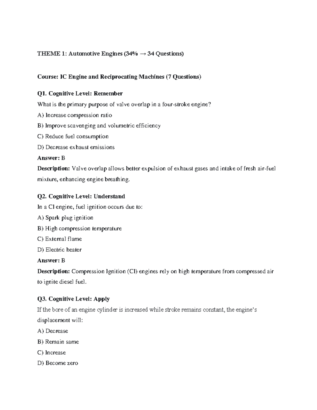 Mock Exam: Automotive Engines & Electrical Systems (IC Engine, Diesel ...