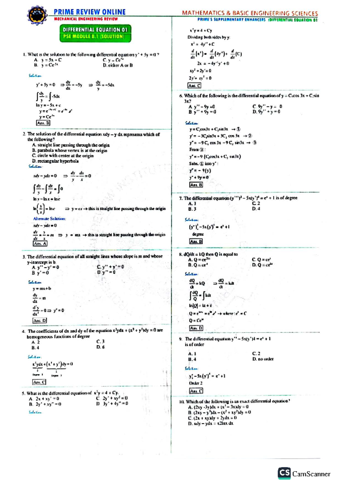 PRIME REVIEW ONLINE MATHEMATICS MECHANICAL ENGINEERING DE-1 SOLUTIONS - Studocu