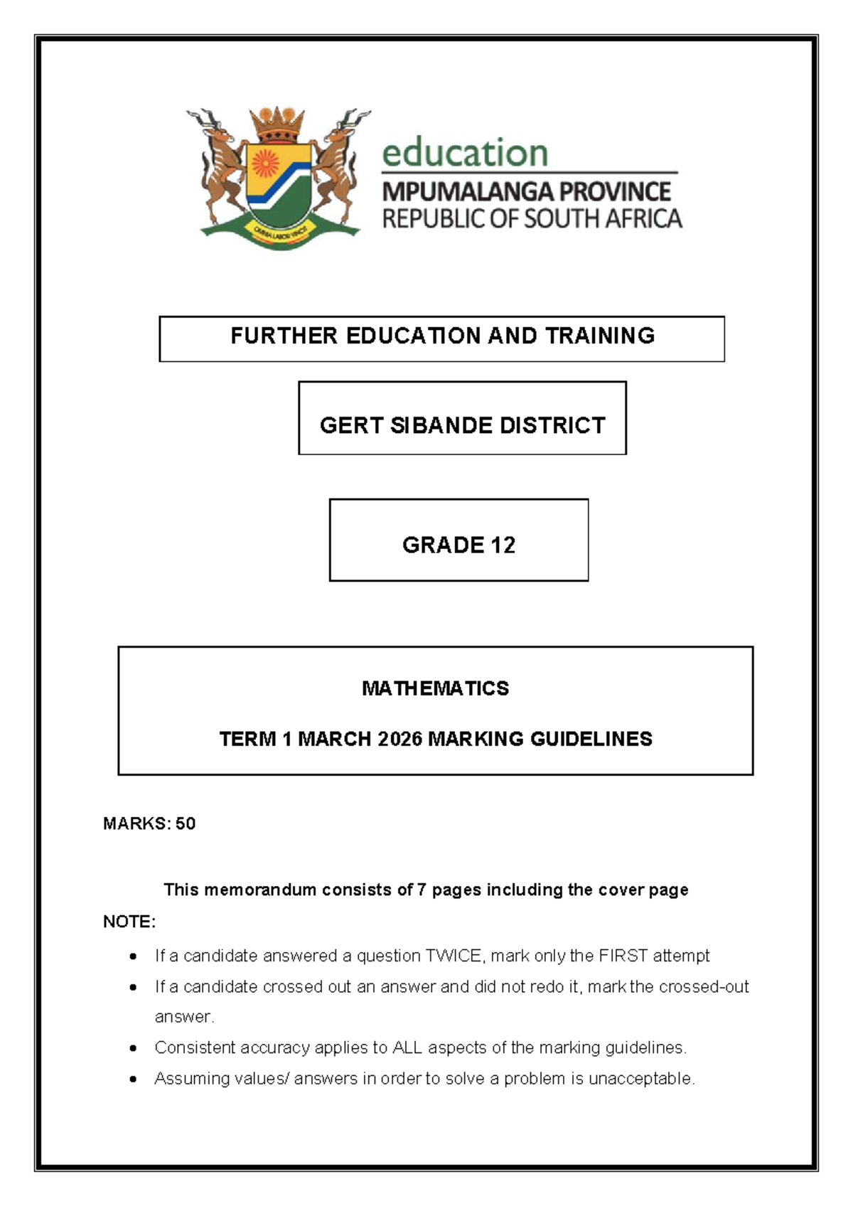 Mathematics Grade 12 Term 1 Marking Guidelines March 2026 - Studocu