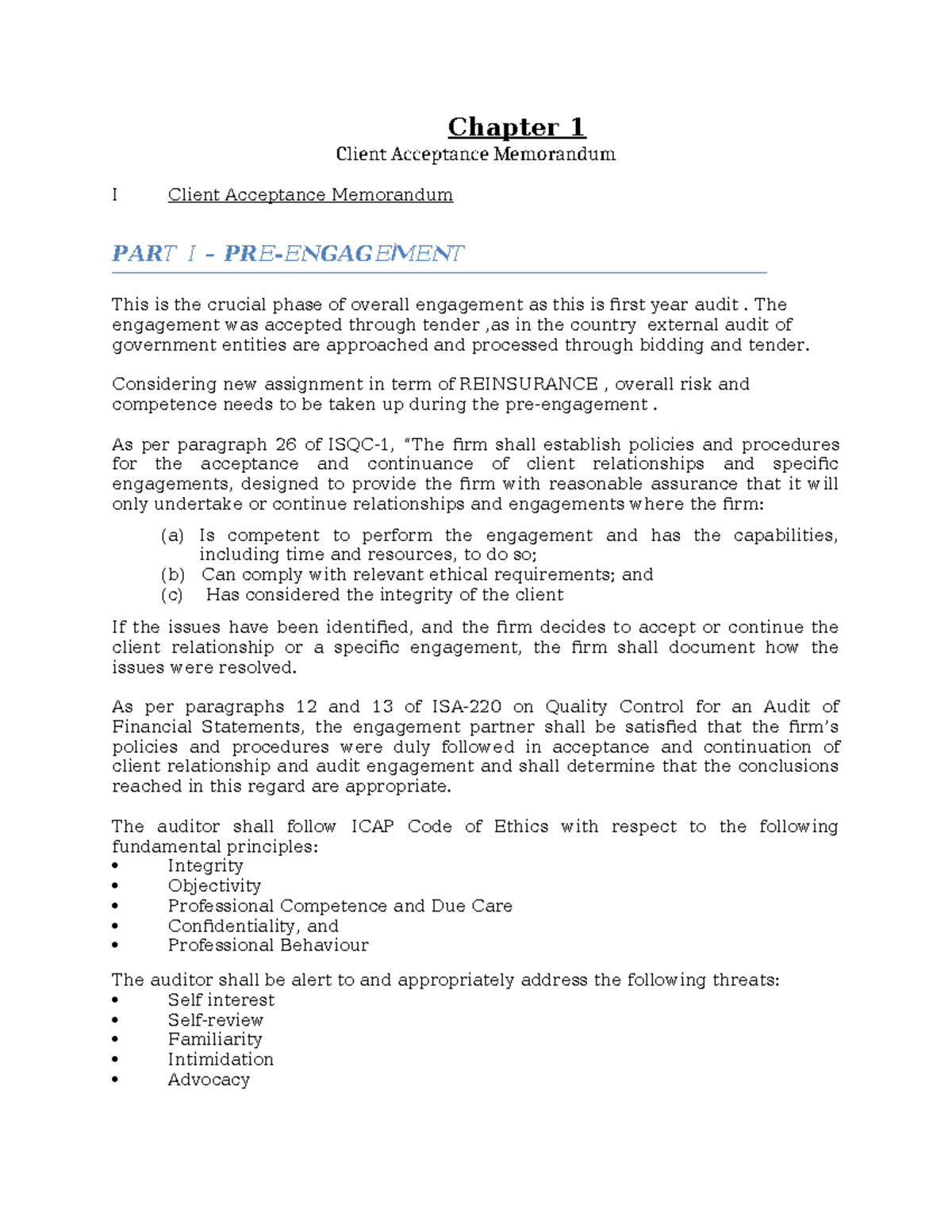 Chapter 1 - Client Acceptance Memorandum: Pre-Engagement Overview - Studocu
