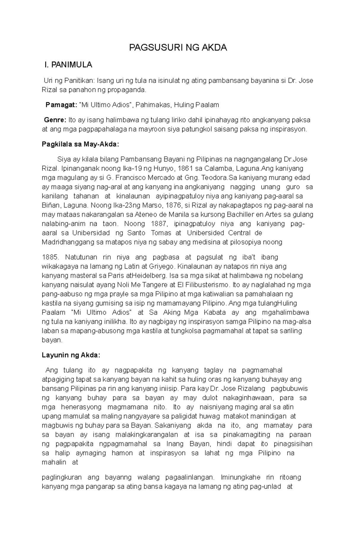 Pagsusuri NG AKDA sa mi ultimo adaios (tula ni jose rizal - PAGSUSURI ...