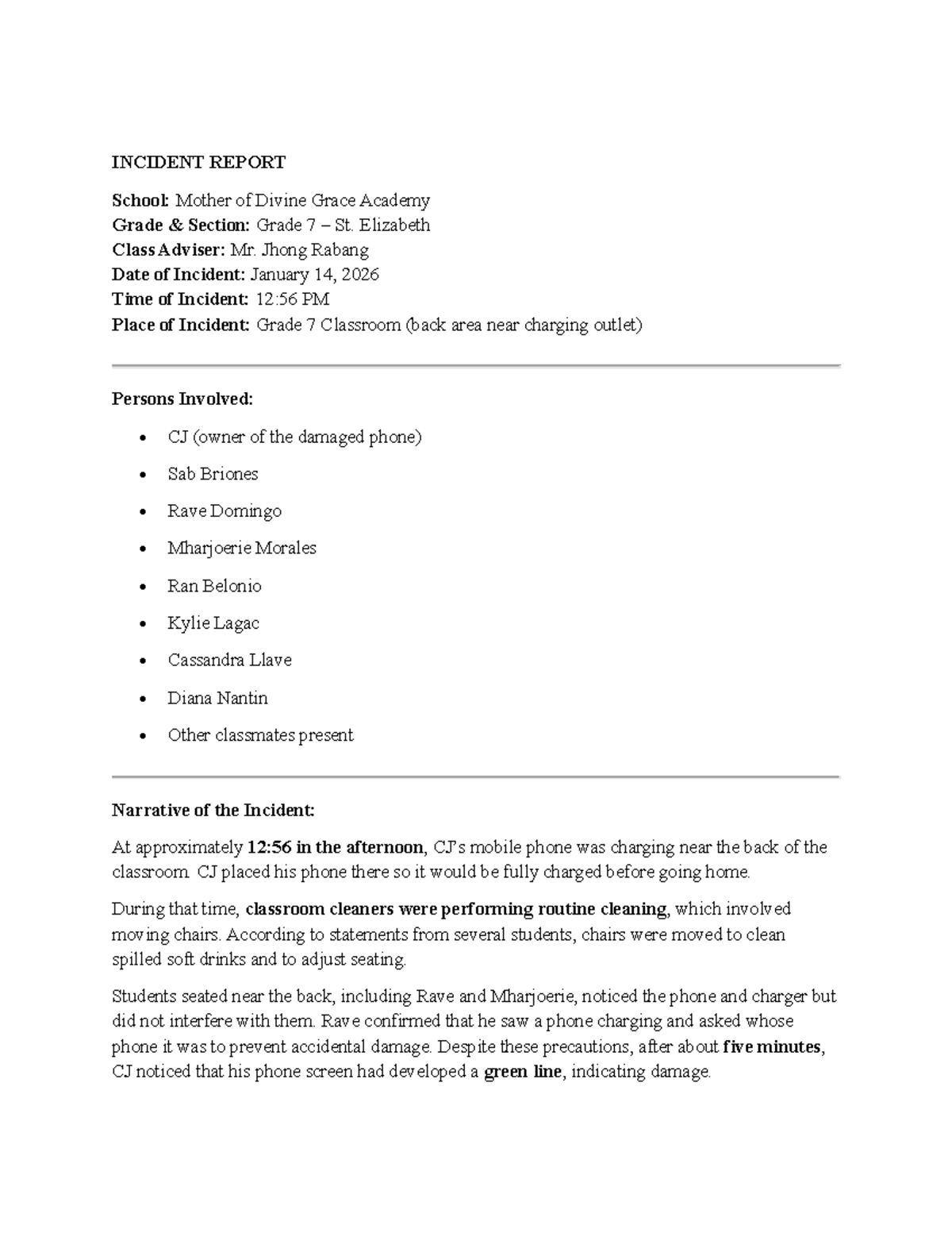 Incident Report: Grade 7 Classroom Phone Damage - Jan 14, 2026 - Studocu