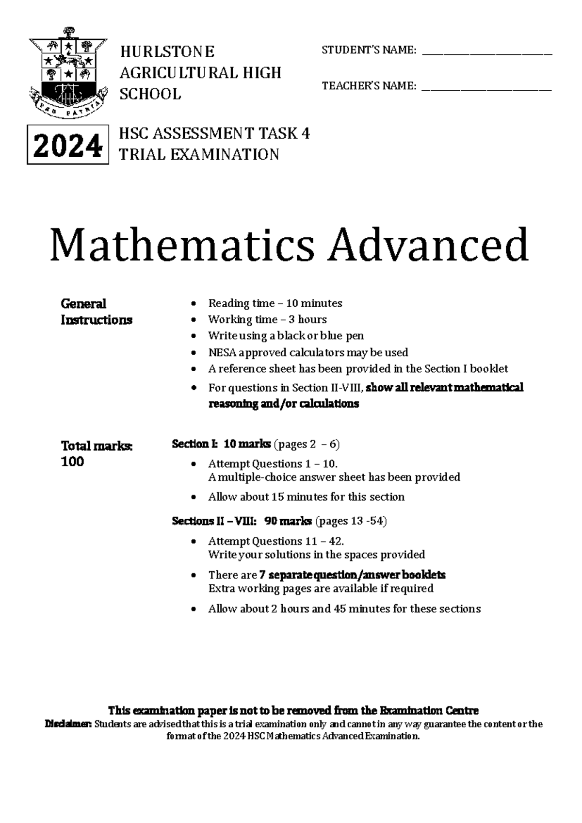 HURLSTONE 2024 HSC Mathematics Advanced Trial Exam & Solutions - Studocu