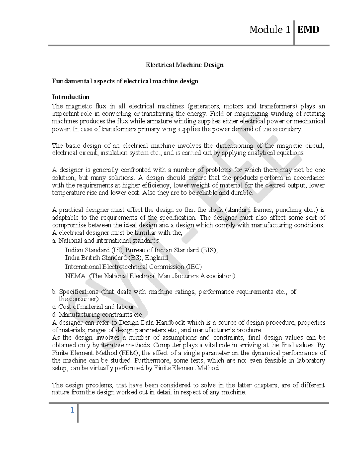 Electrical Machine Design: Key Concepts & Principles Module-1 - Studocu