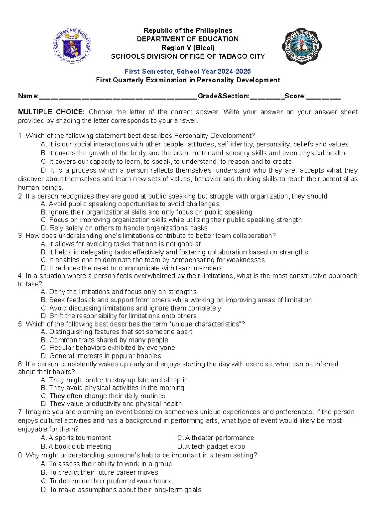 Perdev 1st Sem Midterm Exam: Personality Development Questions ...