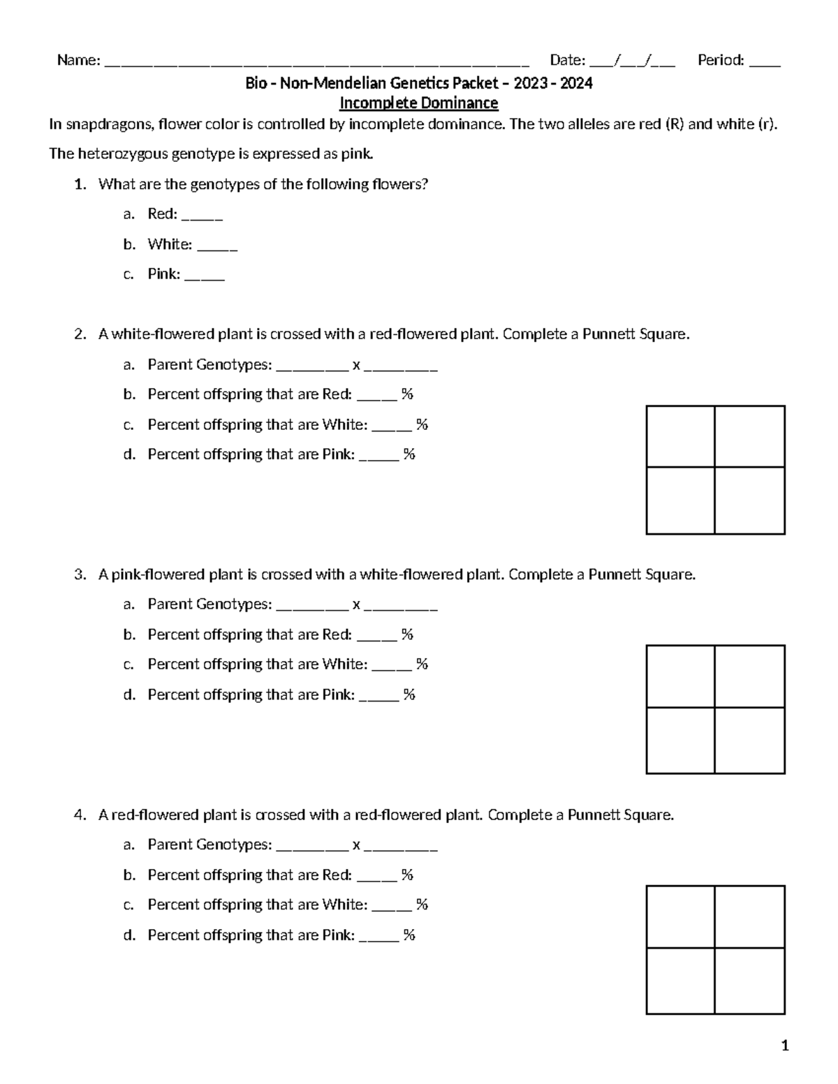 Biology (BIO101) Non-Mendelian Genetics Packet - Incomplete Dominance ...