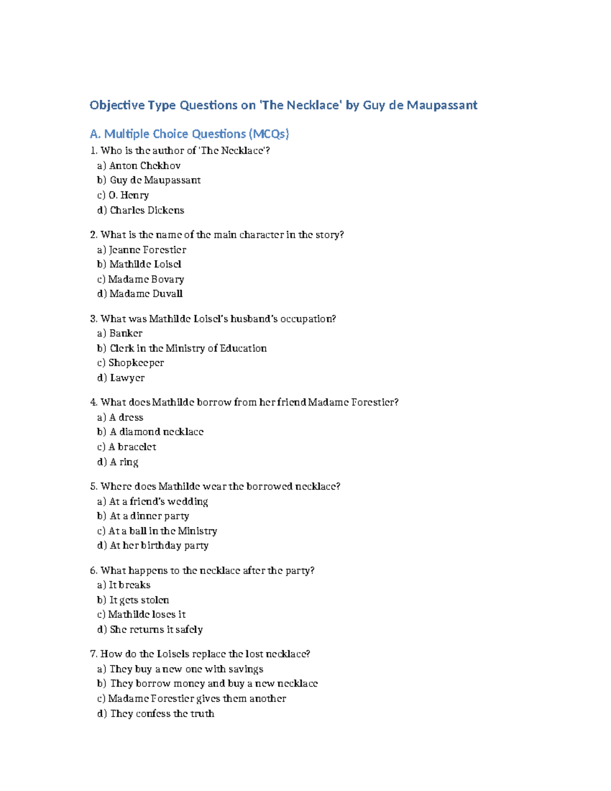 Objective Type Questions on Guy de Maupassant: The Necklace (MCQs ...