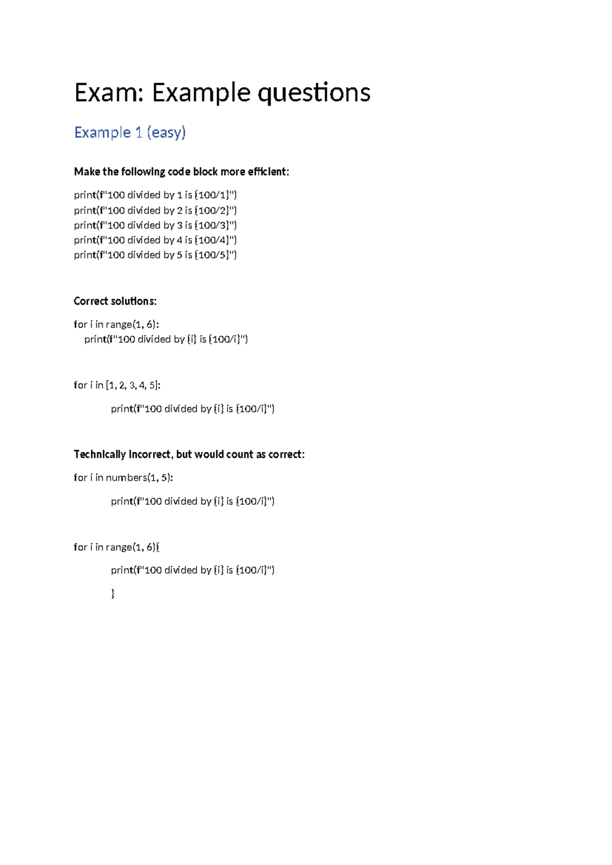 Exam: Example Questions for Code Efficiency and Output Analysis - Studocu