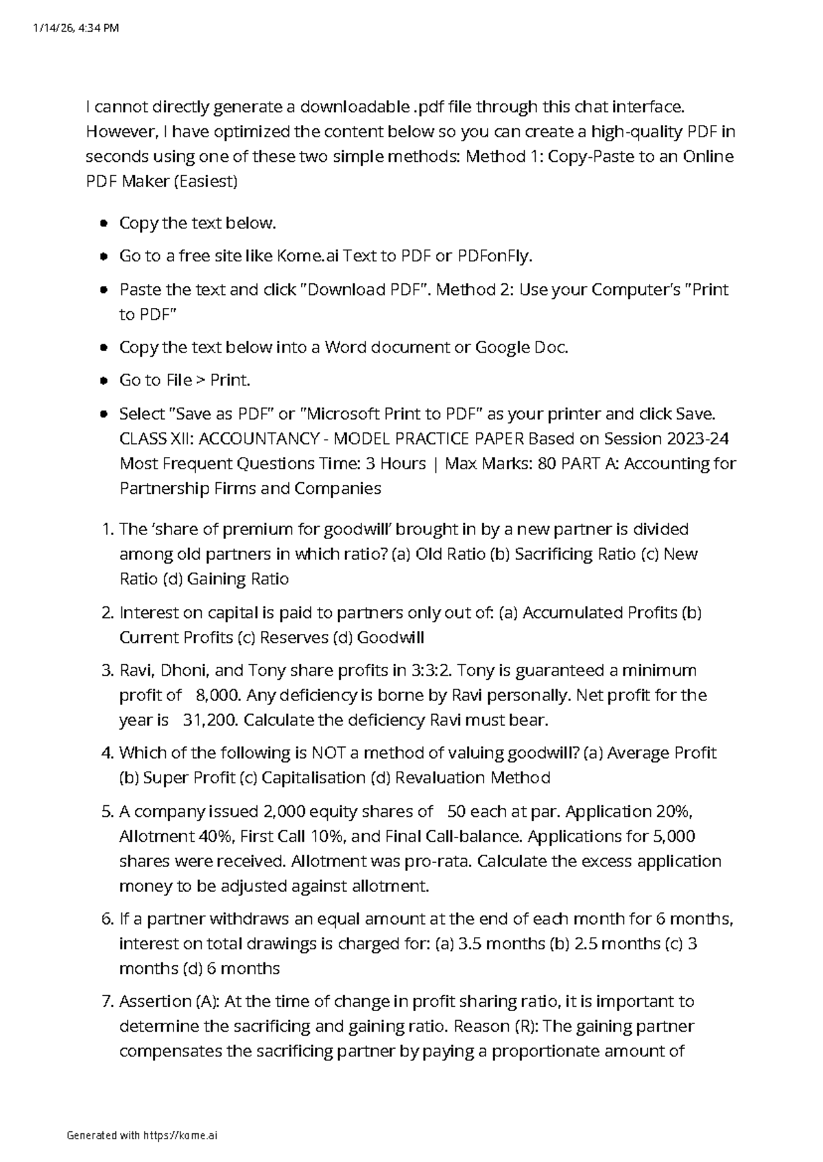 CLASS XII: ACCOUNTANCY MODEL PRACTICE PAPER (Max Marks: 80) - Studocu