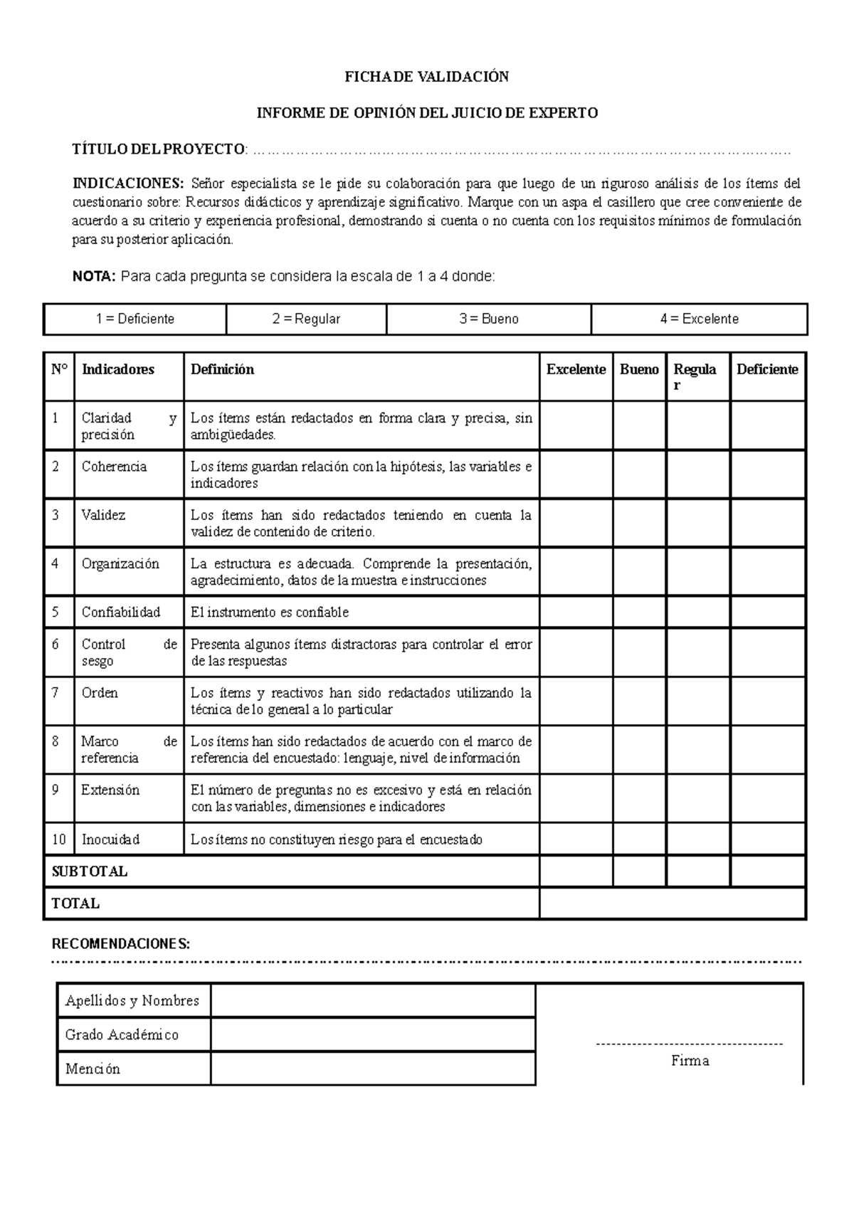 Ficha DE Validación DE Instrumento - FICHA DE VALIDACIÓN INFORME DE OPINIÓN DEL JUICIO DE ...