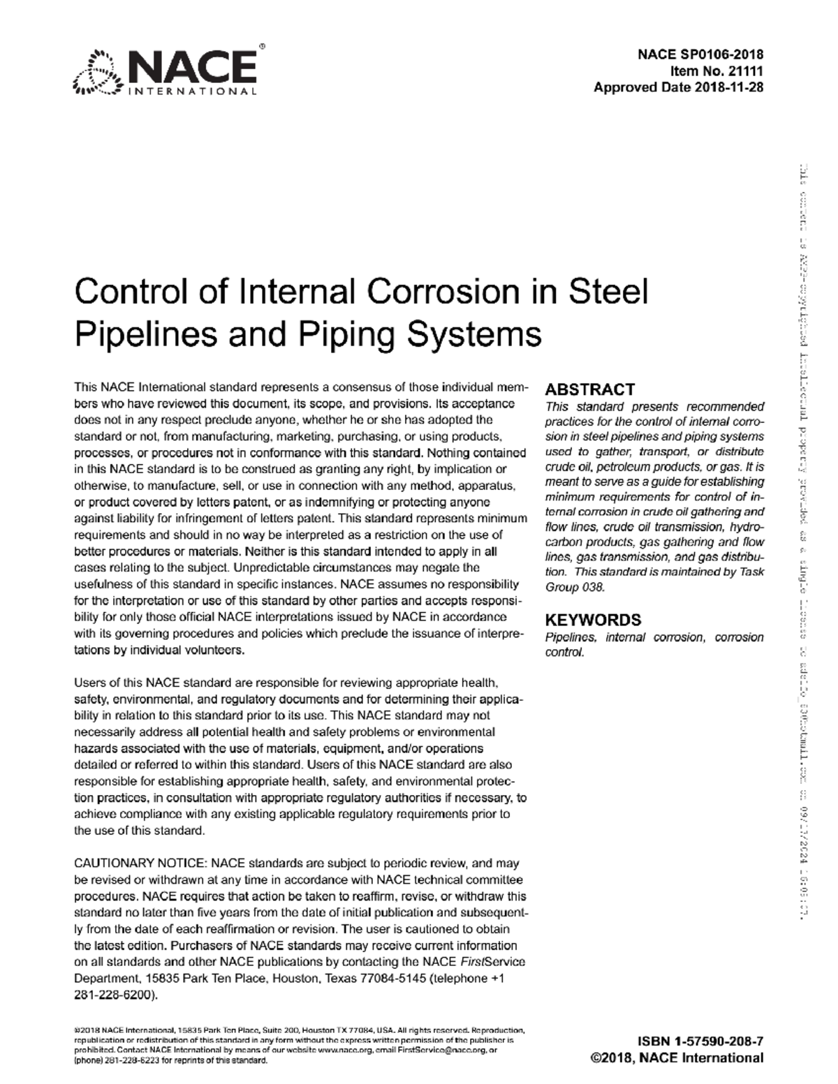 NACE SP0106-2018 - Control of Internal Corrosion in Steel Pipelines ...