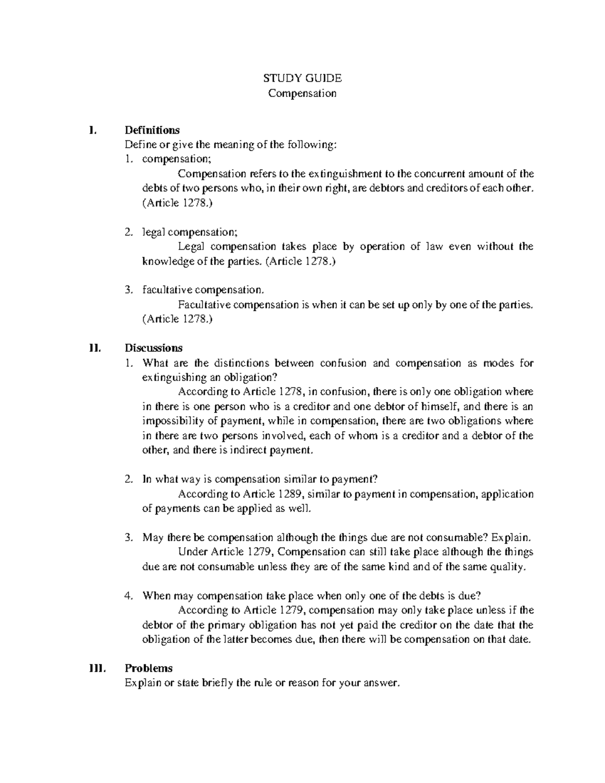 Study Guide - Compensation - STUDY GUIDE Compensation I. Definitions ...