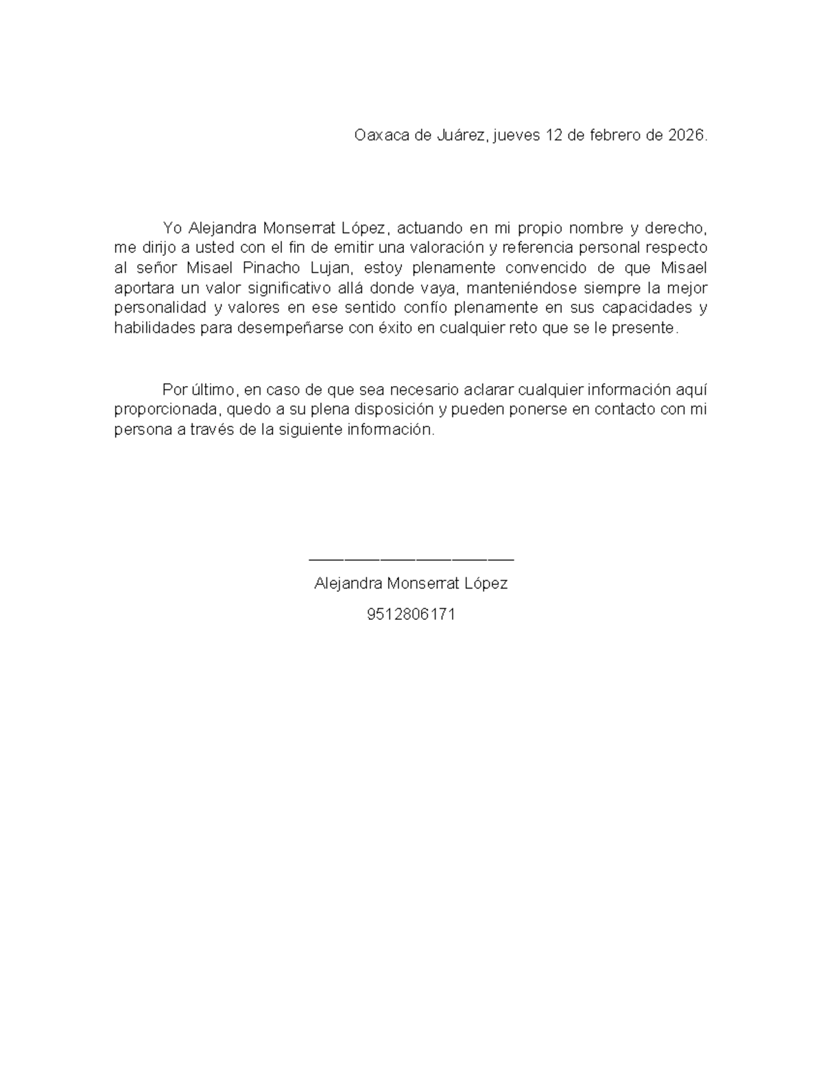 Carta de Recomendación para Misael Pinacho Lujan - Studocu