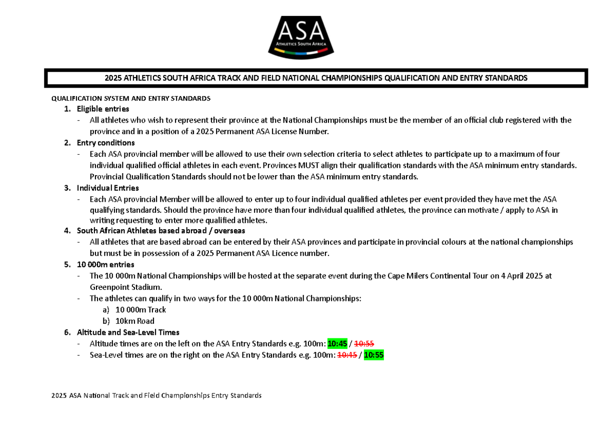 2025 ASA National Track & Field Championships Entry Standards - Studocu
