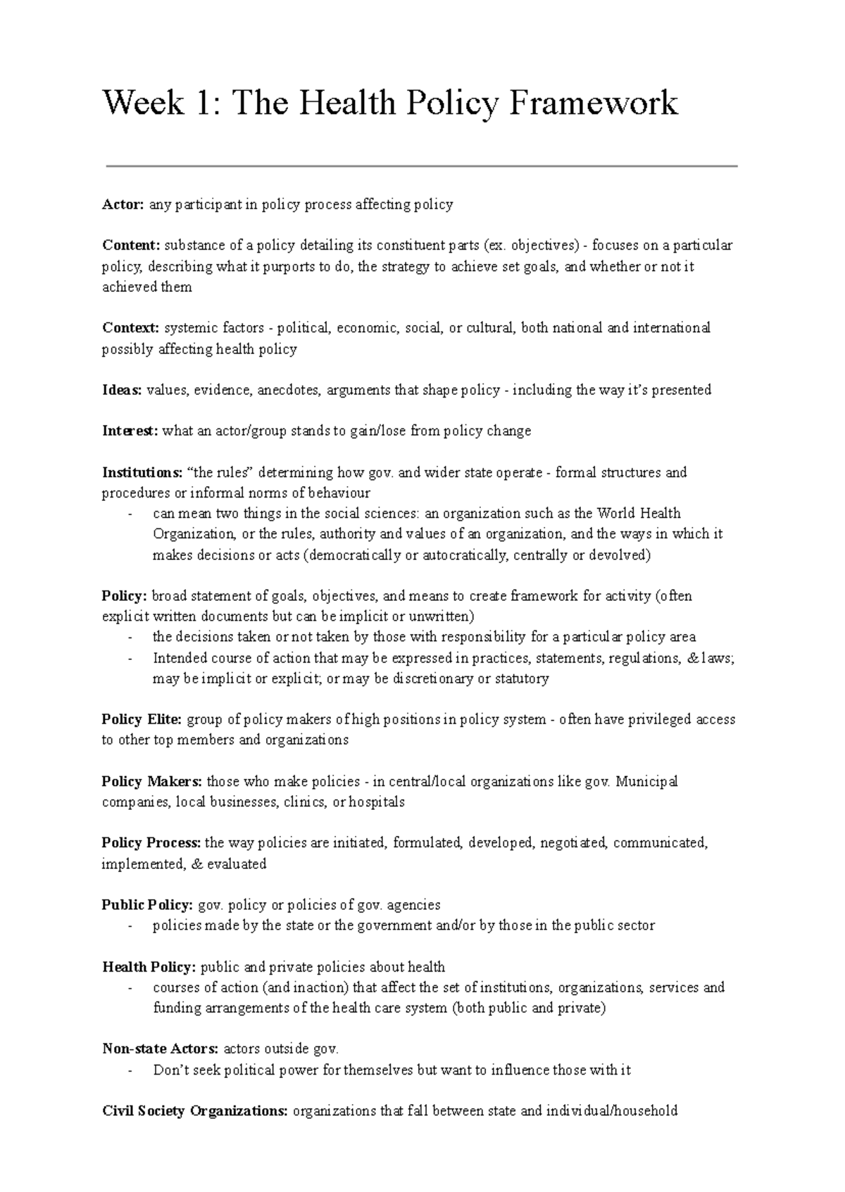 Health Policy Framework: Key Concepts & Actors (POL 101) - Studocu