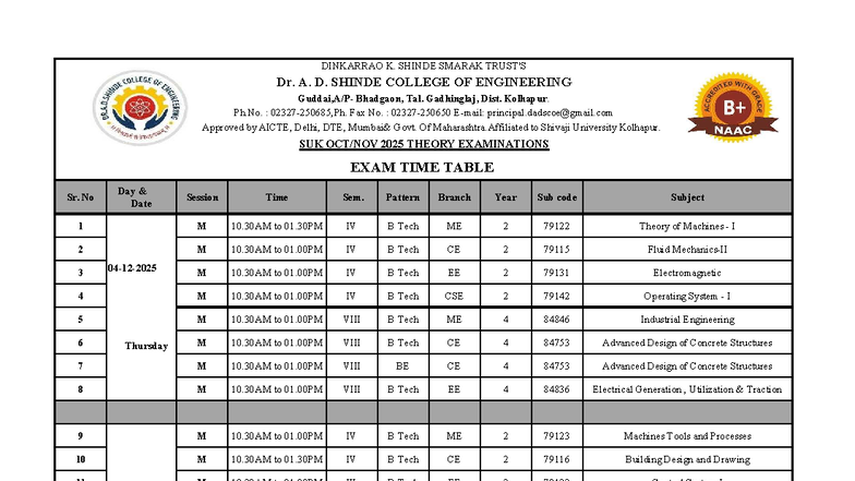 SUK 2025 Theory Exam Time Table for B.Tech & BE Courses - Studocu