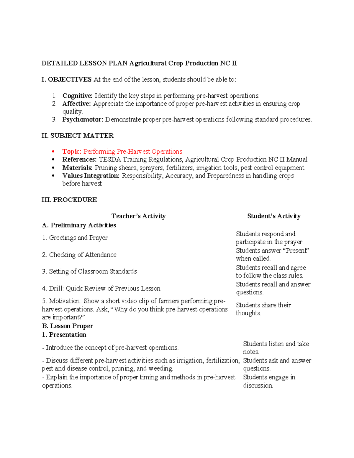 Daily Lesson PLAN CORE Competency 4 - DETAILED LESSON PLAN Agricultural ...