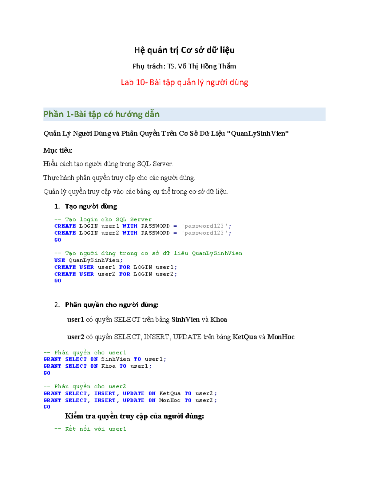 Bài Tập Lab Quản Lý Người Dùng và Phân Quyền SQL Server - Studocu