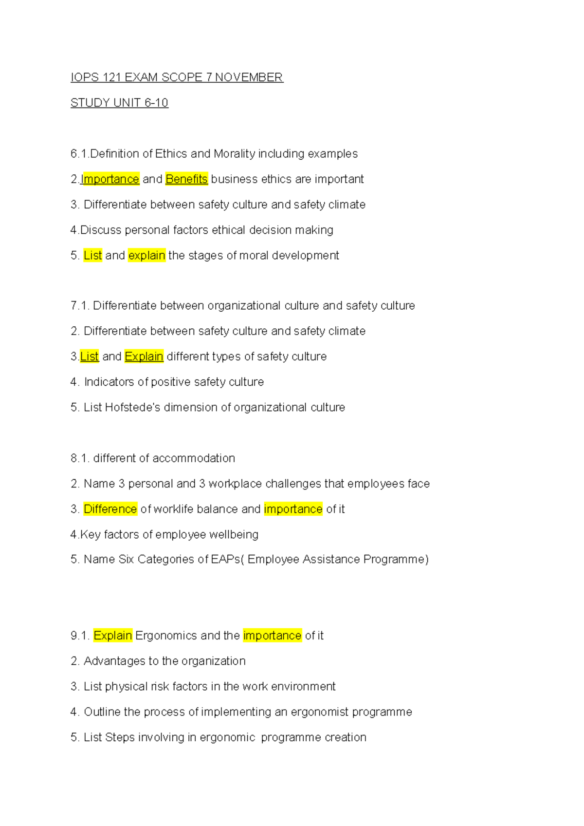 IOPS 121 FINAL EXAM SCOPE: Ethics, Safety Culture & Ergonomics - Studocu