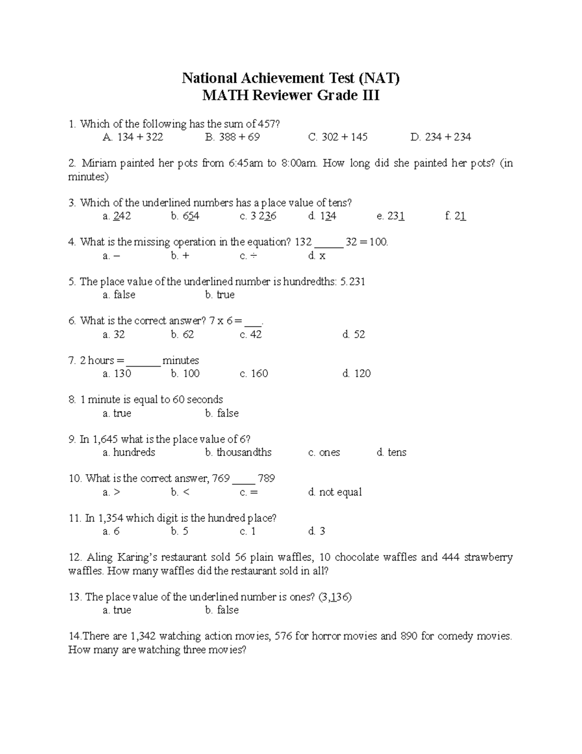 NAT Reviewer for Grade 3 Math and Filipino Grammar - Studocu