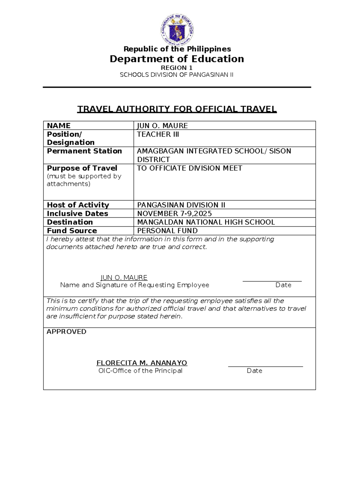 Travel Authority for Official Travel - Pangasinan Division II - Studocu