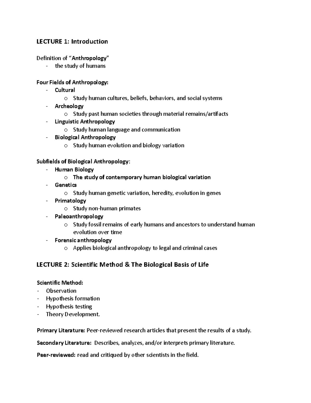 ANTH 101: Exam 1 Review - Key Concepts in Anthropology and Biology ...