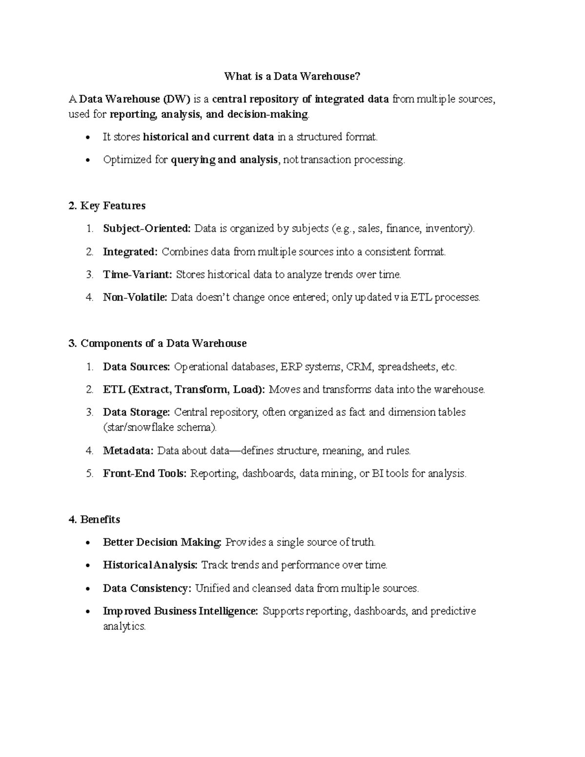Data Warehouse Overview: Key Features & Benefits - Studocu