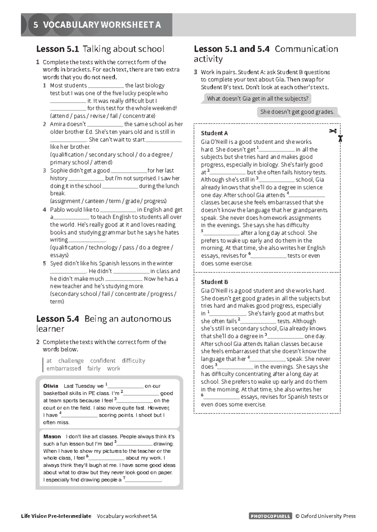 Life Vision Pre-Intermediate Vocabulary Worksheet A - Unit 5 - Studocu