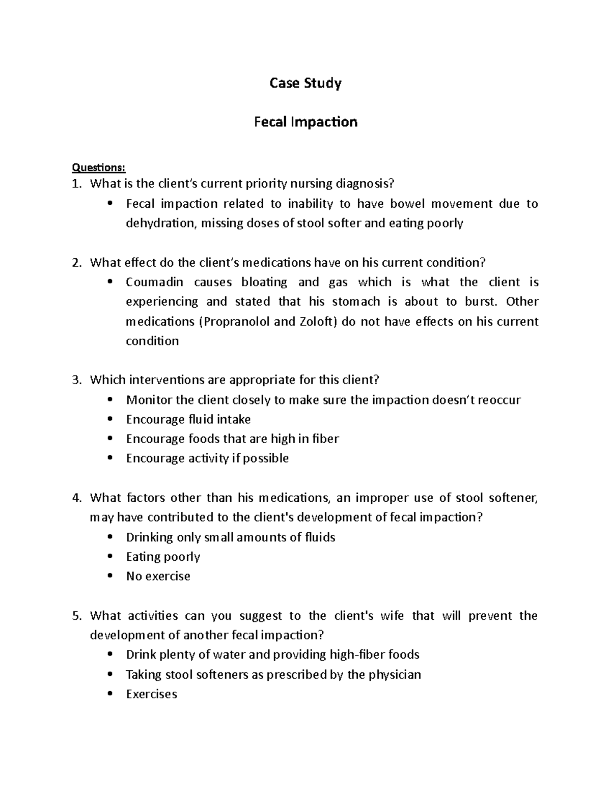 Case Study Fecal Impaction - Case Study Fecal Impaction Questions: What ...