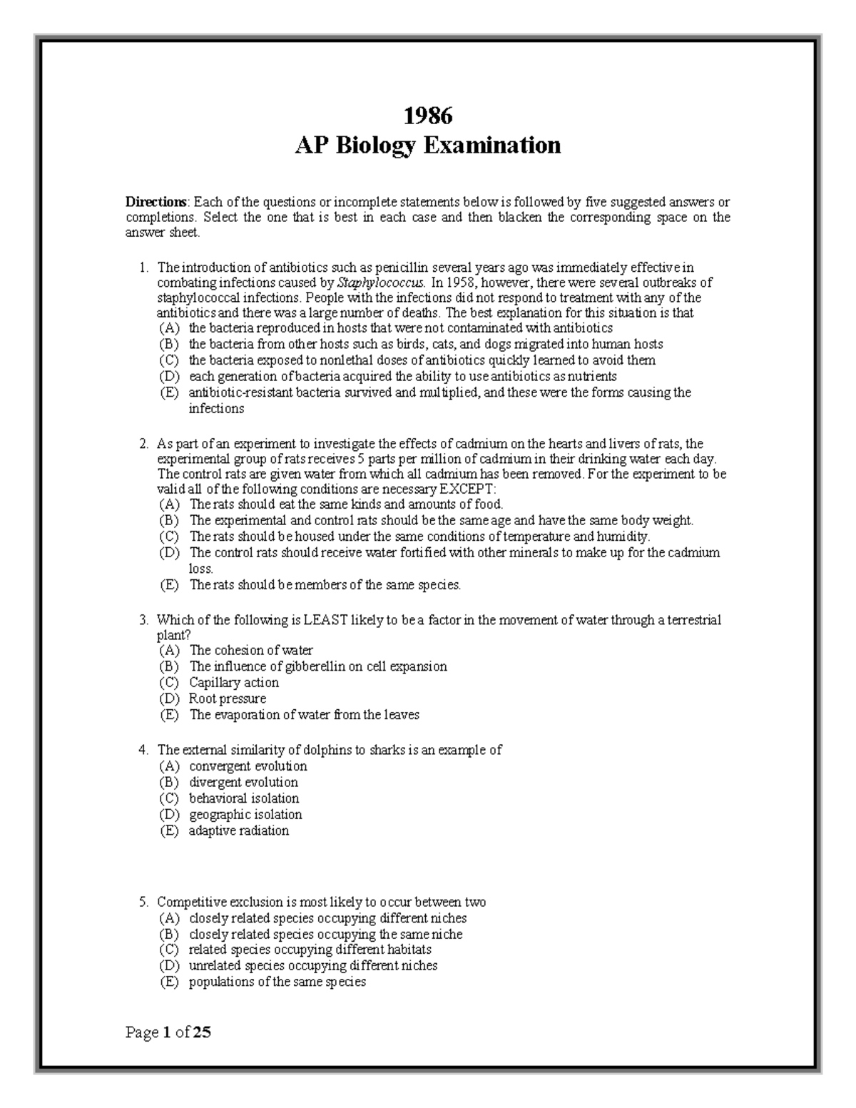 AP Biology 1986 Exam Practice Questions and Answers - Studocu