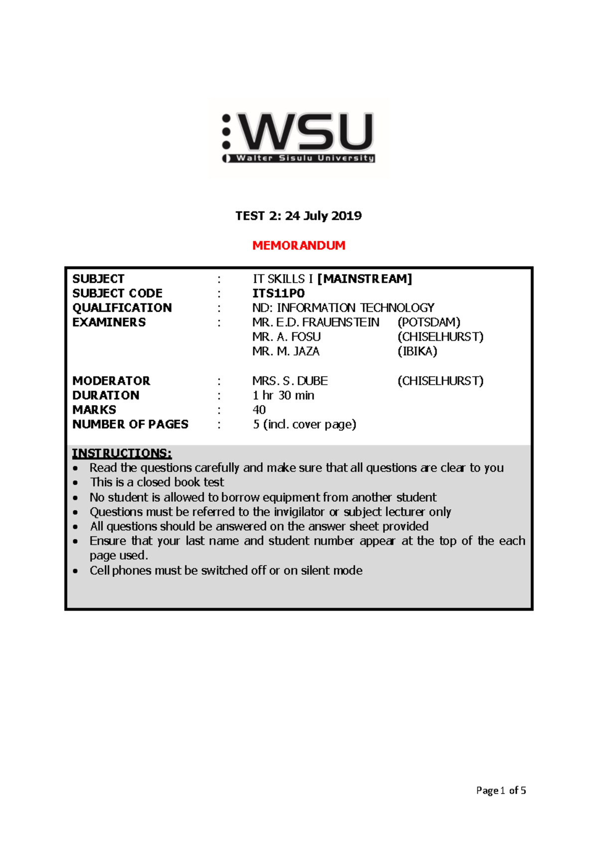 IT SKILLS I TEST 2 MEMORANDUM - 24 JULY 2019 - Studocu