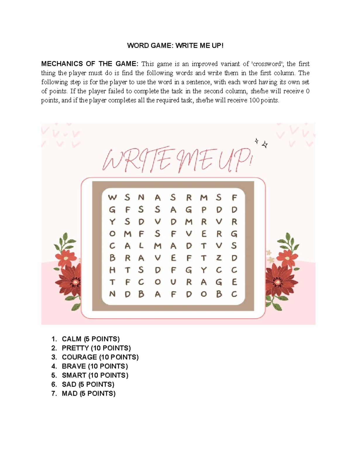 WORD GAME: WRITE ME UP! MECHANICS & SCORING SYSTEM - Studocu
