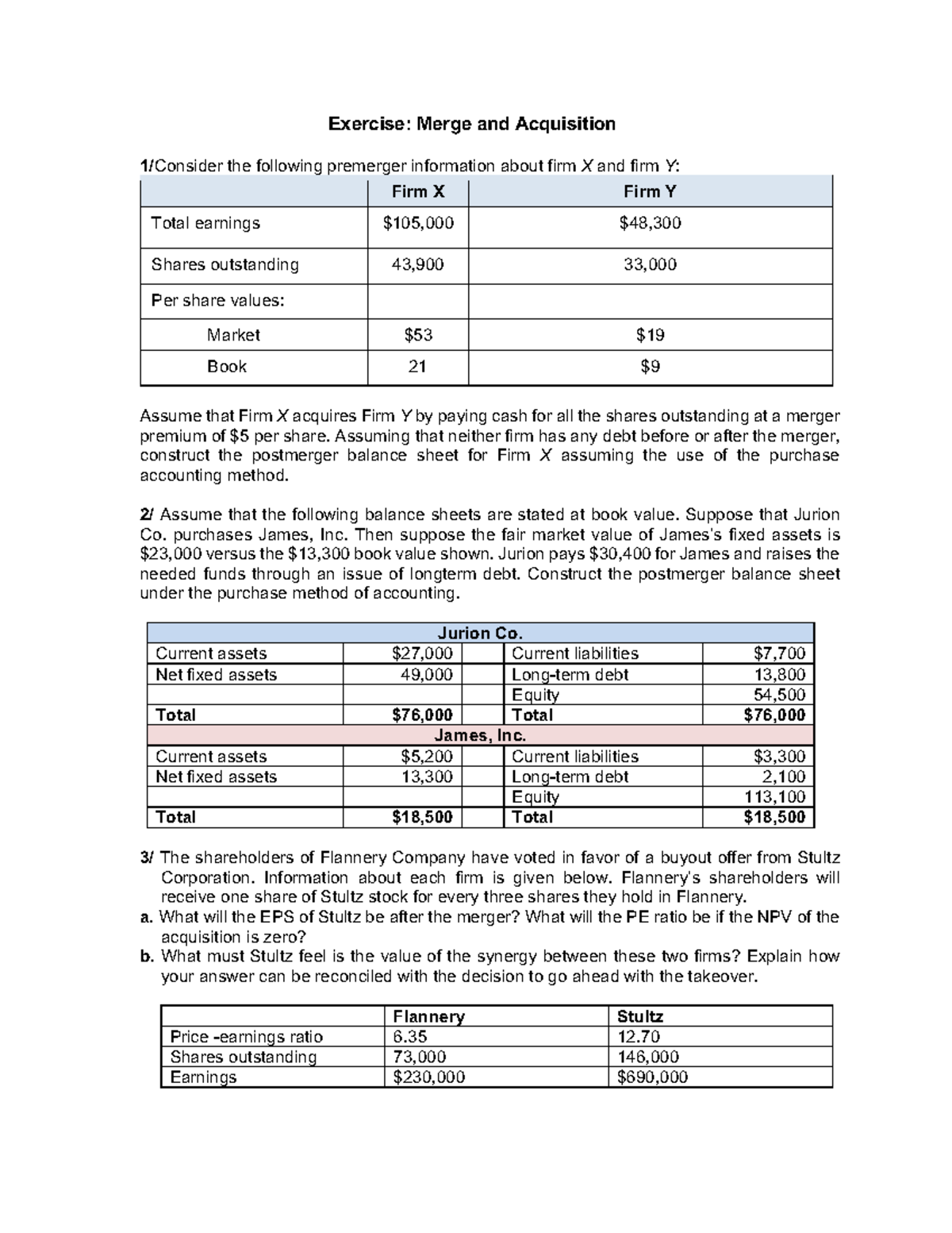 Exercises: M&A Analysis and Postmerger Accounting - MA 101 - Studocu