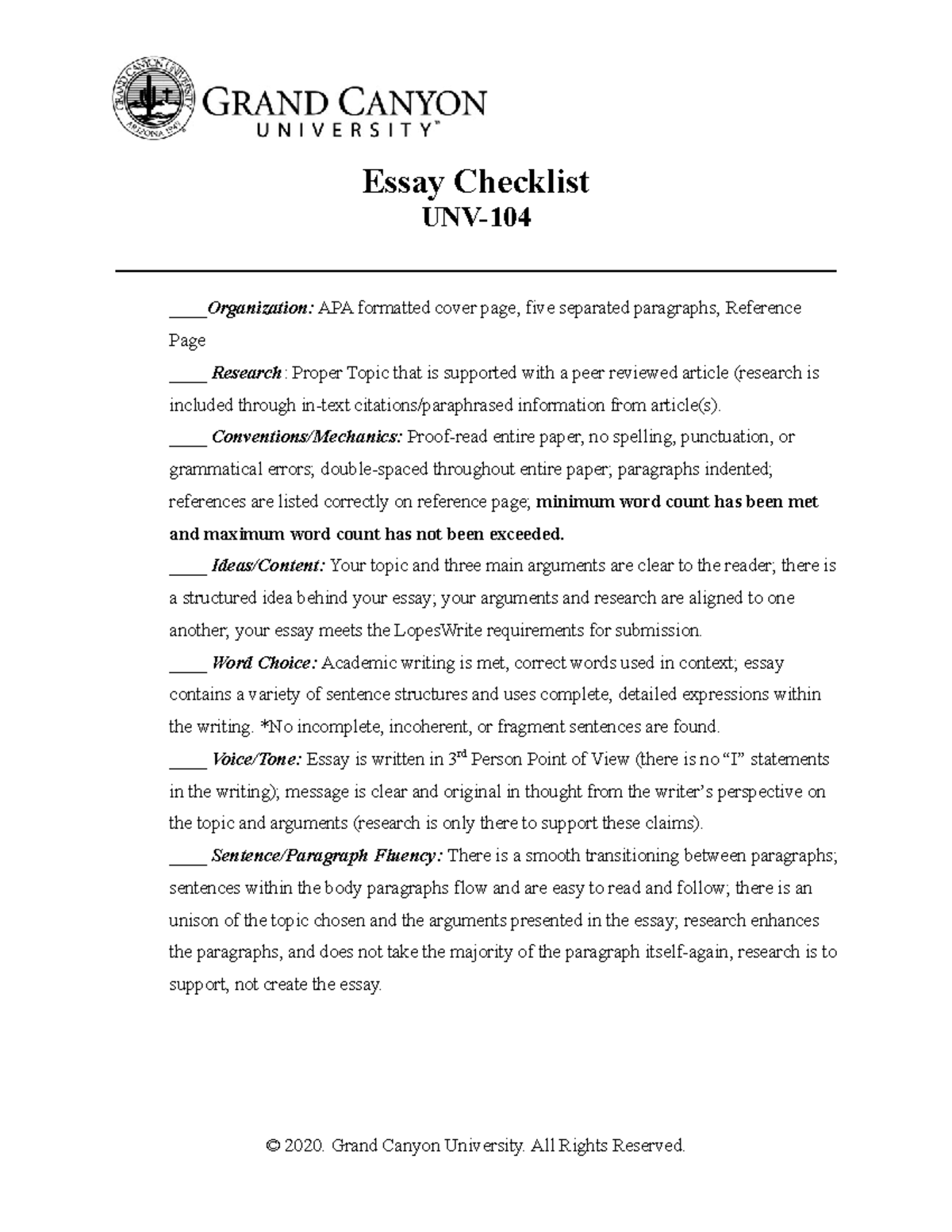 UNV 104 RS T4 Essay Writing Checklist and Guidelines - Studocu