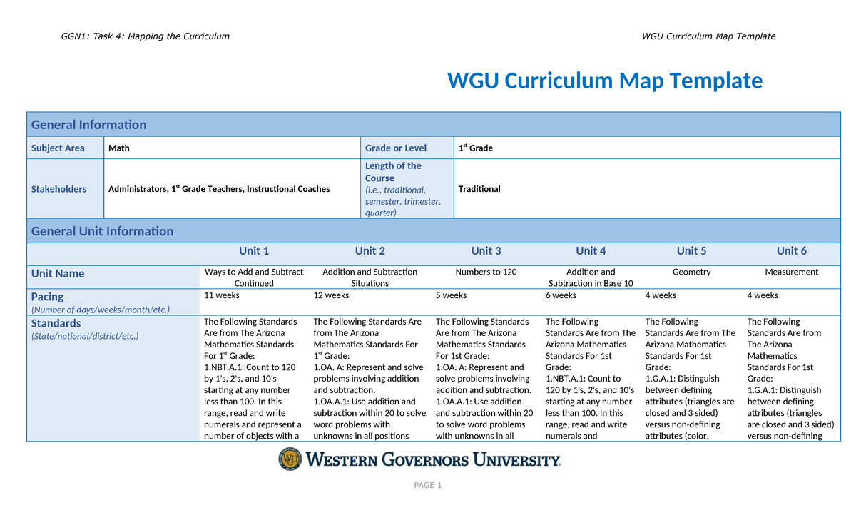 D360: Task 4 - Updated Curriculum Mapping for 1st Grade Math - Studocu