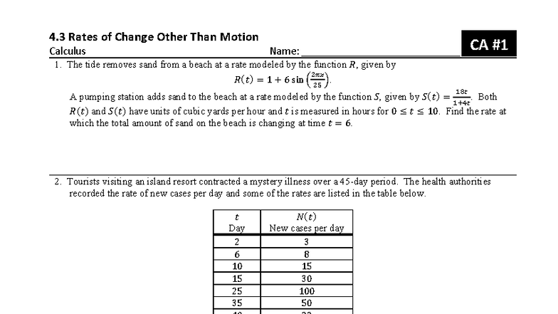 4.3 Rates of Change in Calculus: Sand and Illness Models - Studocu