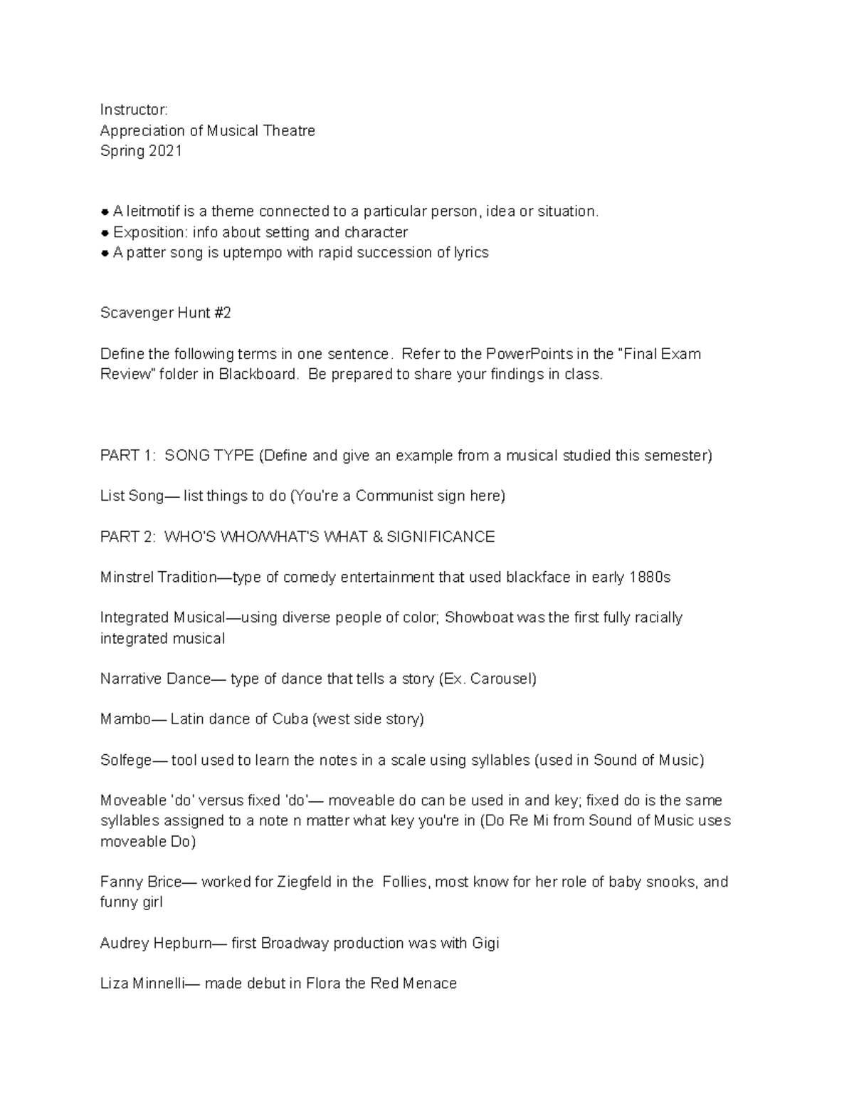 Appreciation of Musical Theatre (MUS 101) Final Exam Review Notes - Studocu