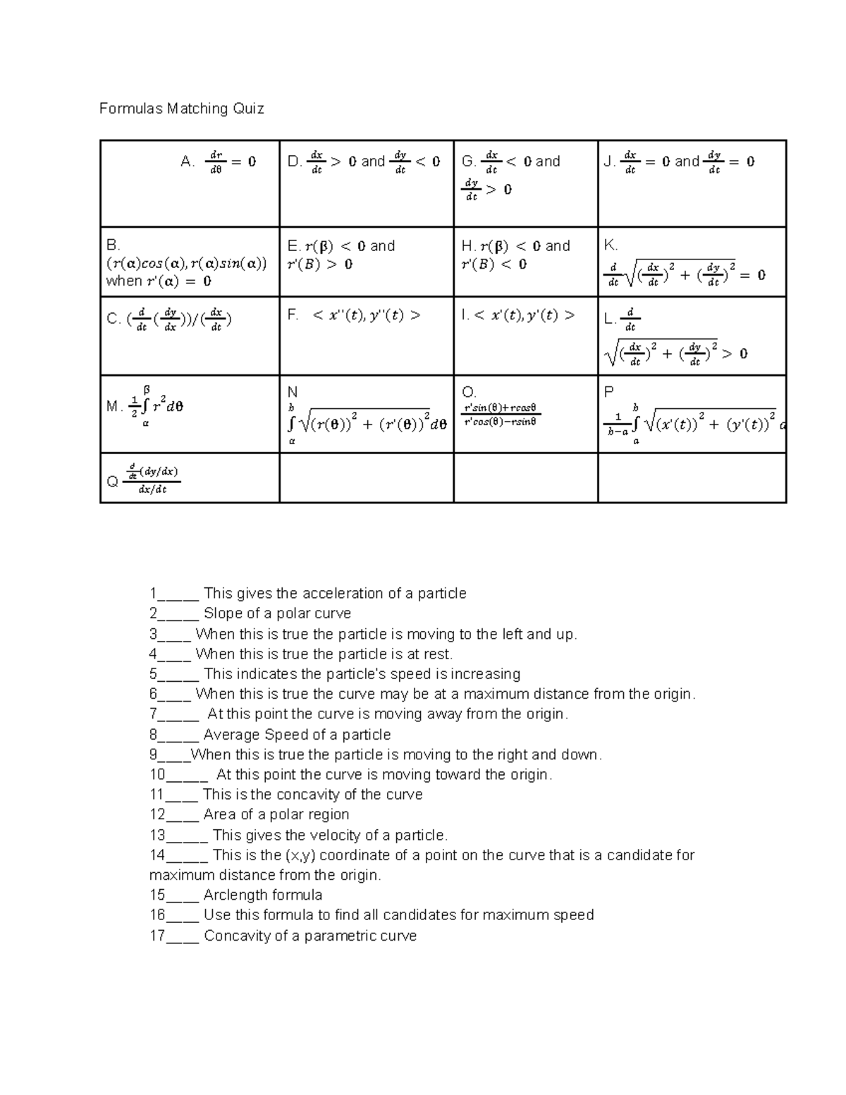 BC Calculus Unit 9 Formulas Matching Quiz Study Guide - Studocu